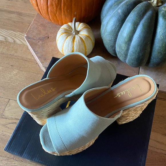 Lulus | Shoes | Ervyn Mint Green Suede Raffia Platform Slide Sandals ...